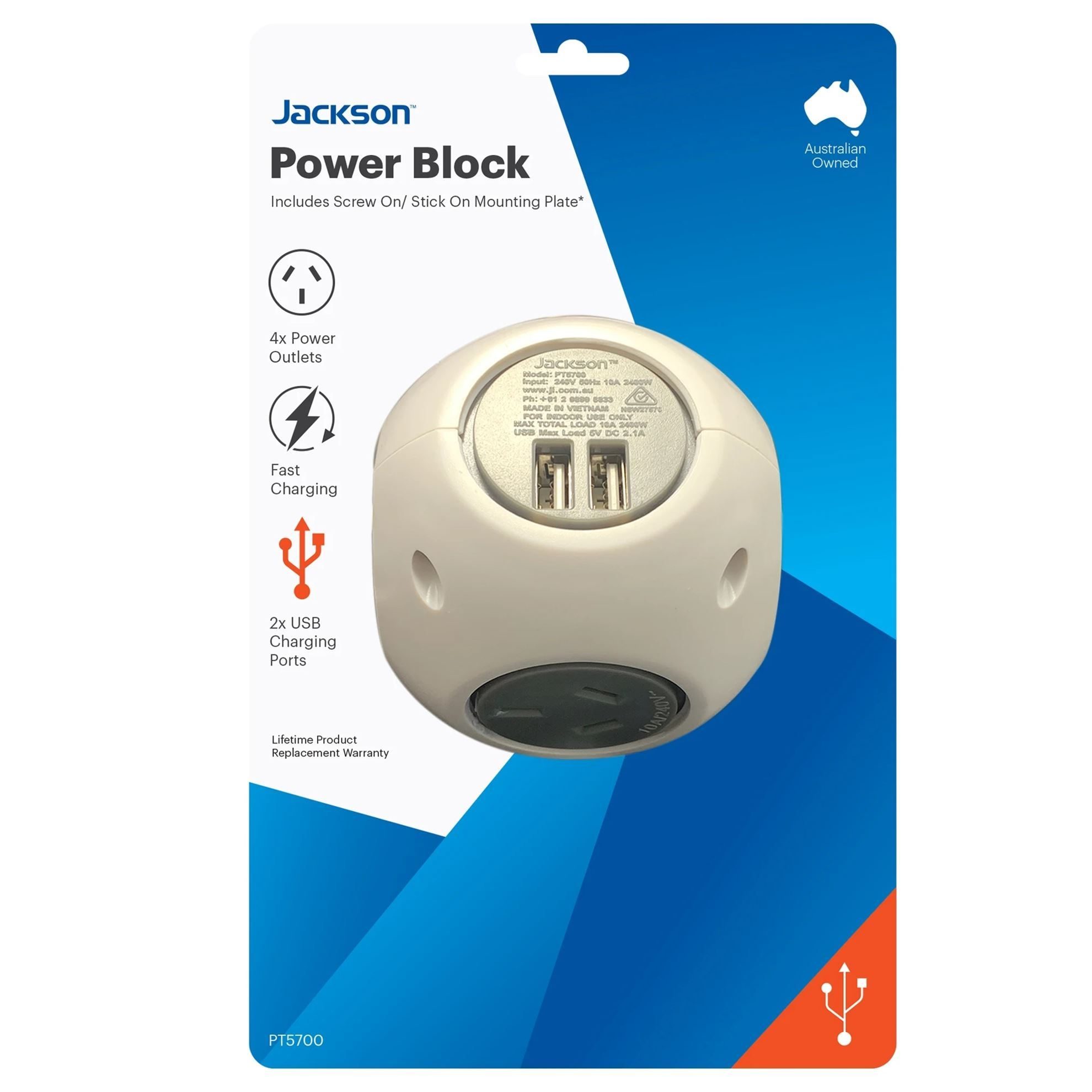 JACKSON 0.9m 4-Way Mountable Power Block. 2x USB-A (Fast Charge 2.1A ...